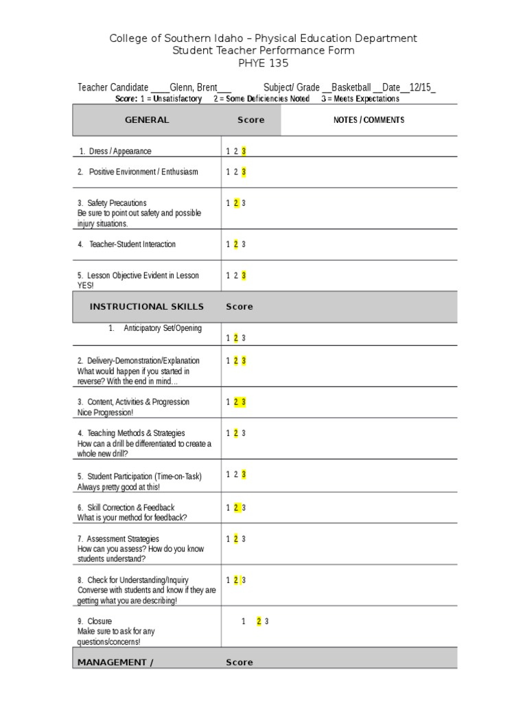 Student Teacher Performance Evaluation Form | PDF | Educational ...