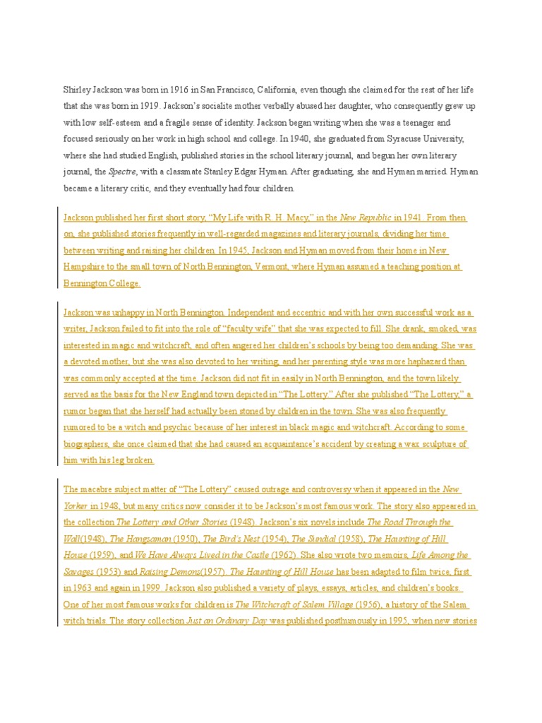 Shirley Jackson's famous short story "The Lottery | PDF