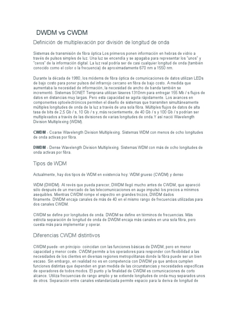 DWDM Vs CWDM | PDF | Multiplexación por División de Longitud de Onda ...