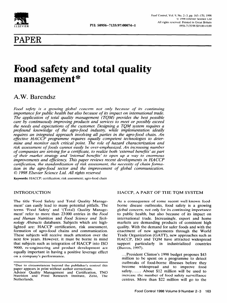 Food Safety and TQM | PDF | Hazard Analysis And Critical Control Points ...
