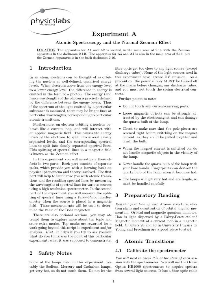 Lab Script For Zeeman Effect Experiment | PDF | Energy Level | Spectroscopy