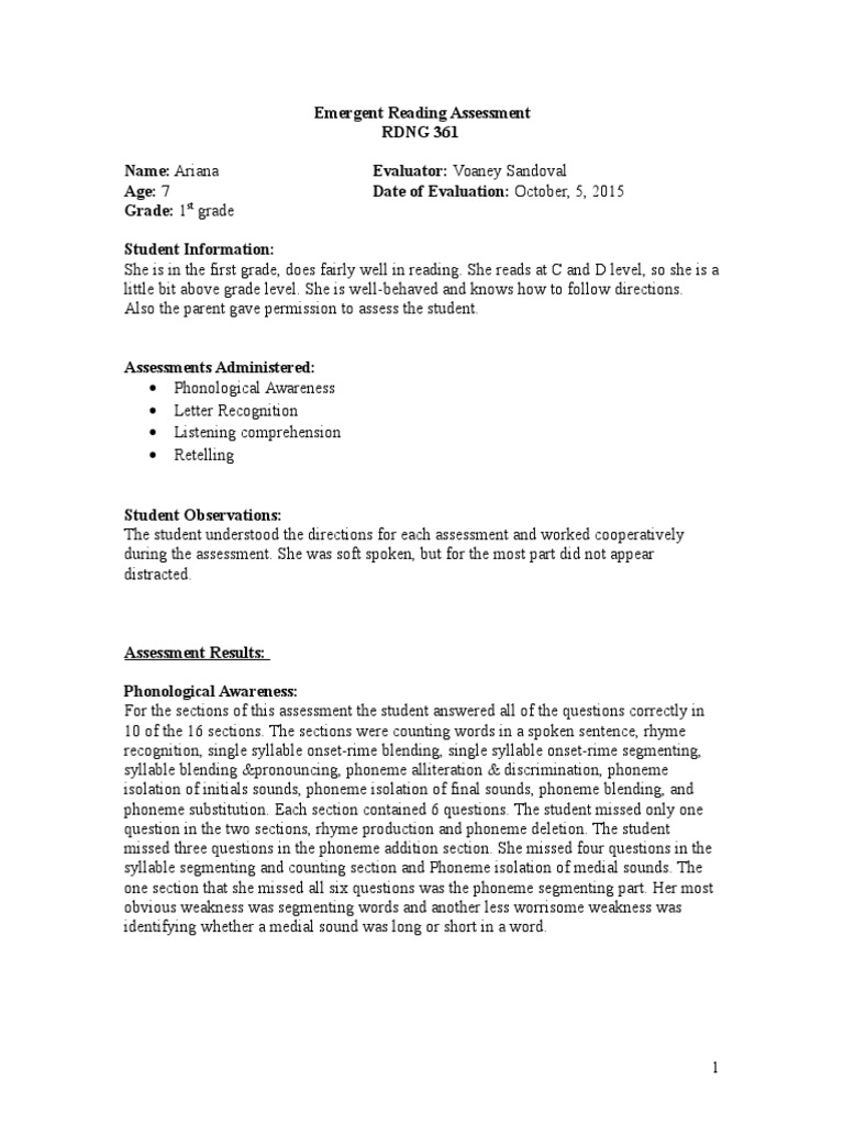 First Grade Emergent Reading Assessment | PDF | Educational Assessment ...