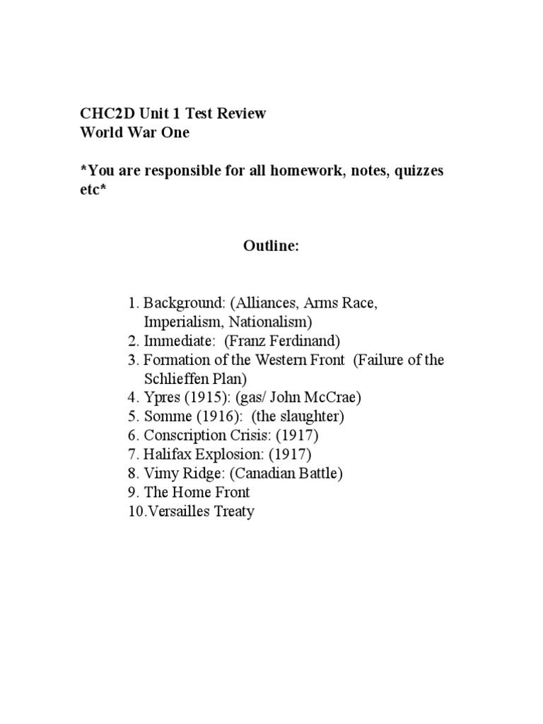 CHC2D WWI Unit Test Review | PDF