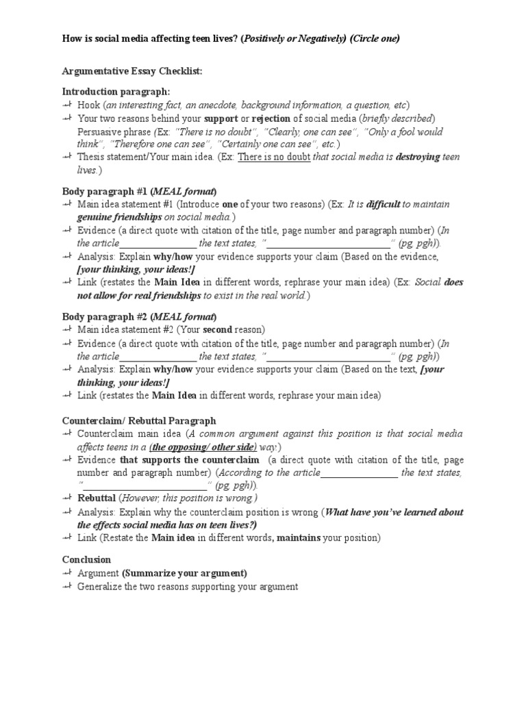 Argumentative Essay Checklist 2 | PDF