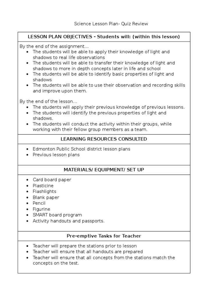 Science Lesson Plan - Quiz Review | PDF | Shadow | Lesson Plan