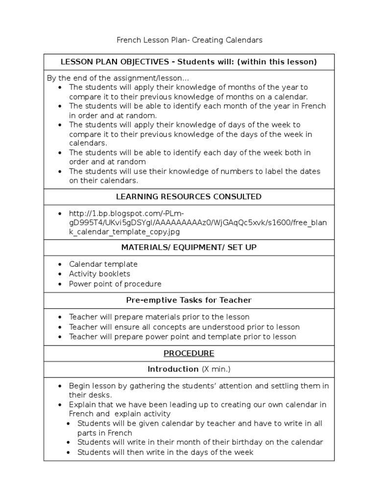French Calendar Lesson for Students | PDF | Language Arts & Discipline