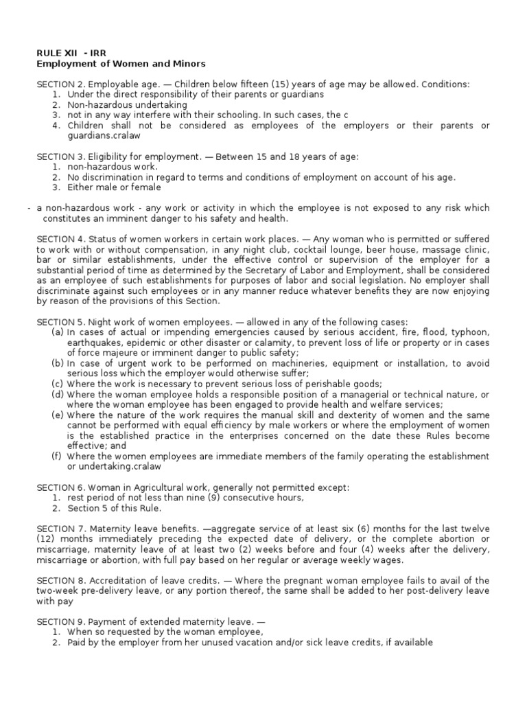 Rules on Employment of Women, Minors, Househelpers and Homeworkers ...