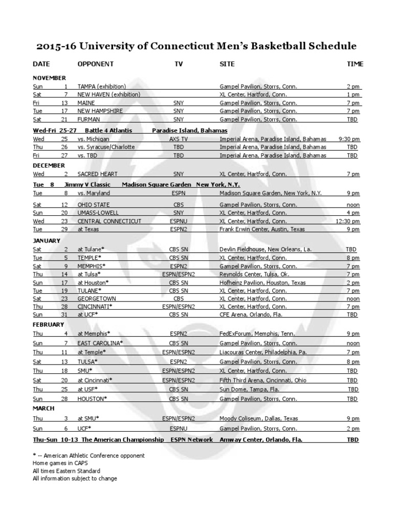 UConn Men's Basketball 2015-16 Schedule | PDF