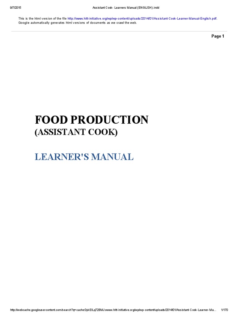 Assistant Cook Learner's Manual | PDF | Chef | Knife