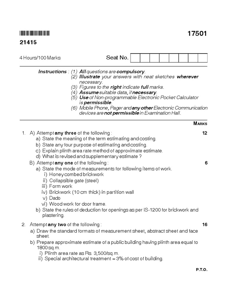 Estimation and Costing Exam Paper | PDF | Sheet Metal | Building ...