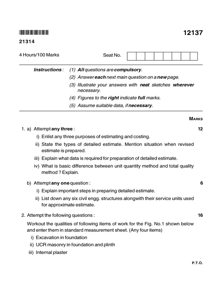 Estimating and Costing Question Paper | PDF | Column | Economic Sectors
