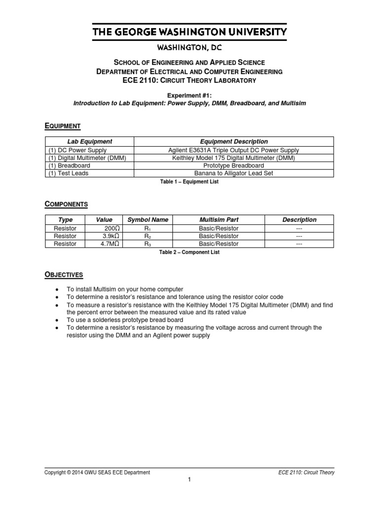 ECE 2110 Experiment 1 | PDF | Resistor | Power Supply
