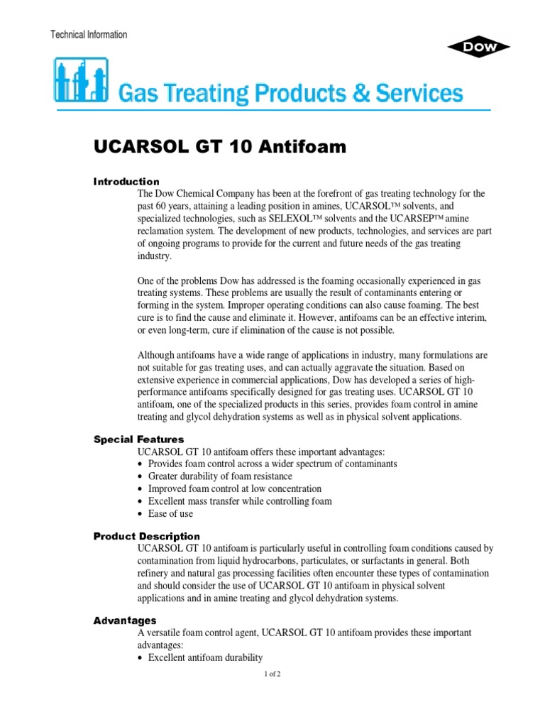 TDS Ucarsol GT-10 Antifoam | PDF | Foam | Gases