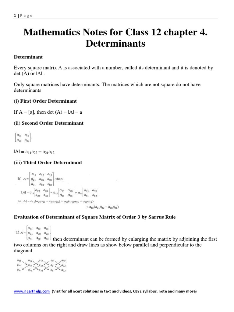 Mathematics Notes and Formula For Class 12 Chapter 4. Determinants ...