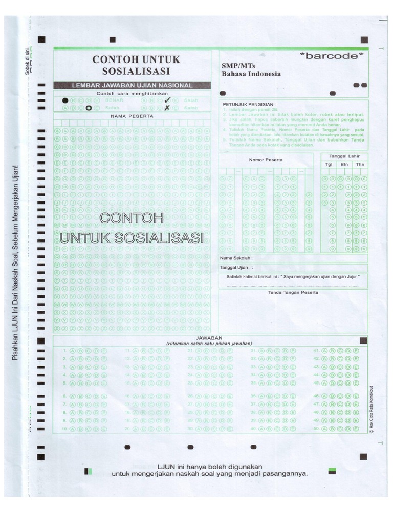 Contoh LJK UN Tahun Pelajaran 2012 2013 | PDF