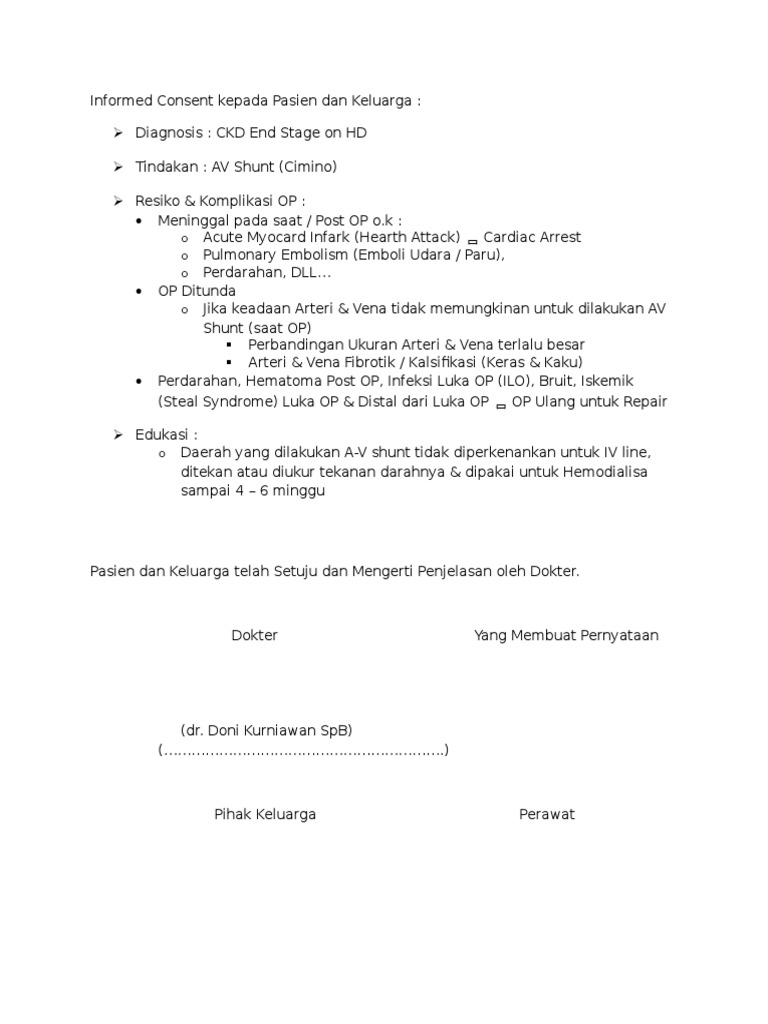 Informed Consent AV Shunt (Cimino) | PDF