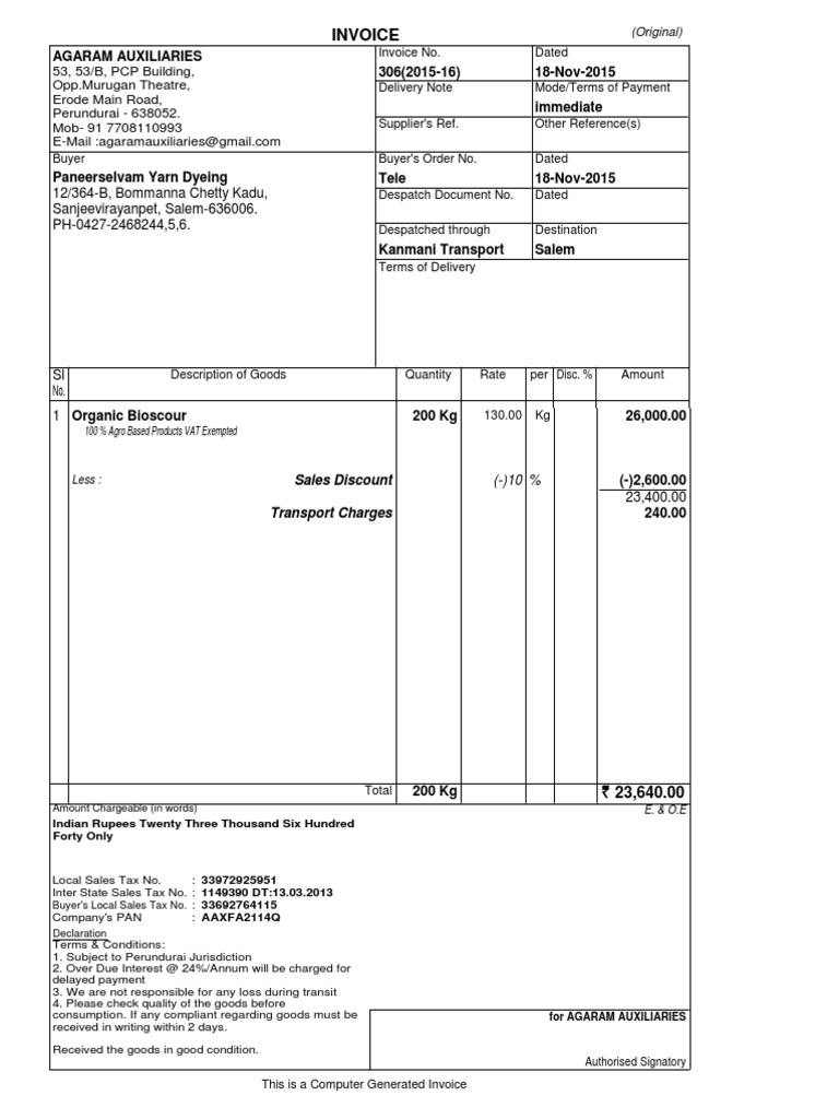Organic Bioscour Sale Invoice: Agaram Auxiliaries bills Paneerselvam ...
