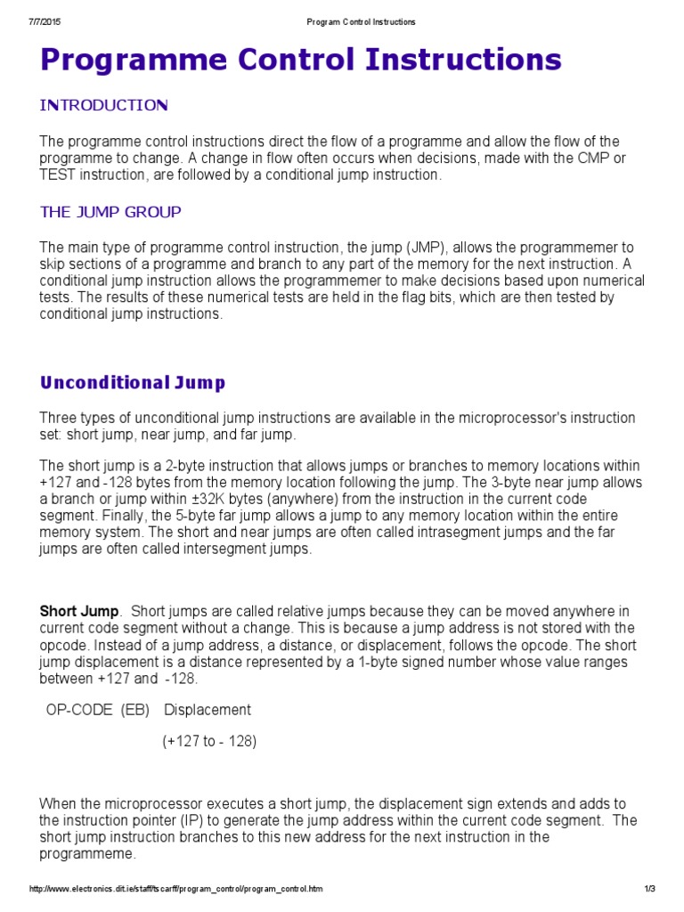Program Control Instructions | PDF | Instruction Set | Pointer (Computer Programming)