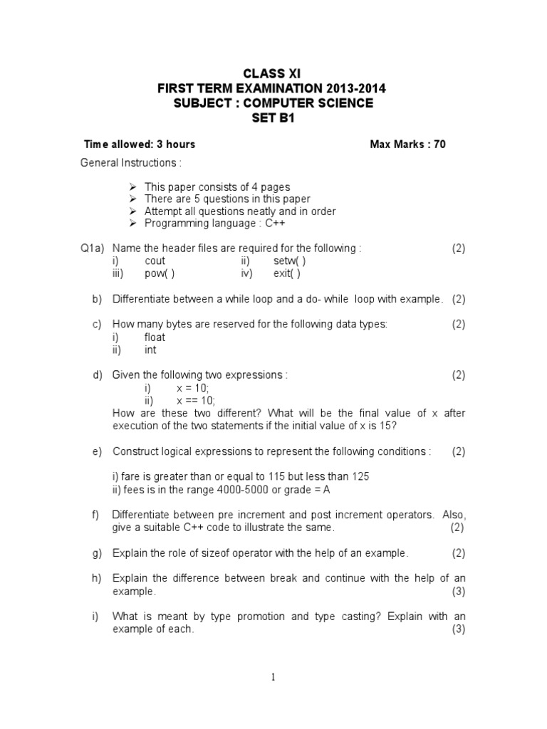 Xi Cs First Setb1 Ques | PDF | Control Flow | Data Type