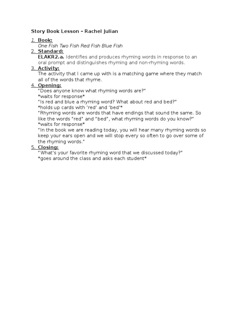 Rhyming Words Lesson Plan | PDF | Language Arts & Discipline | General ...