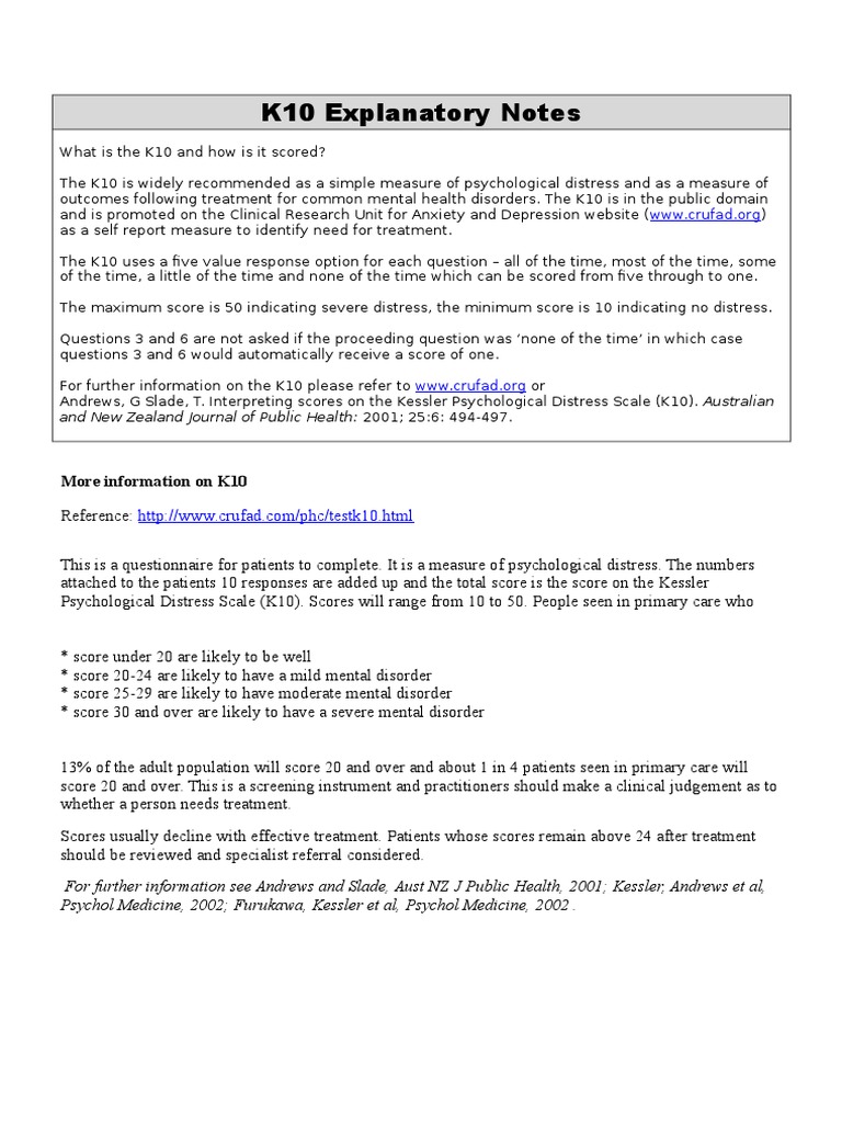 K10 Kessler Dep & Anx Assess | PDF | Mental Disorder | Psychology