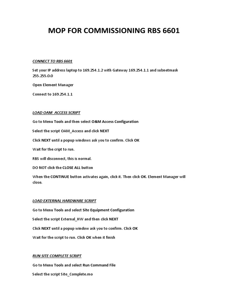 RBS 6601 Commissioning Procedure Guide | PDF