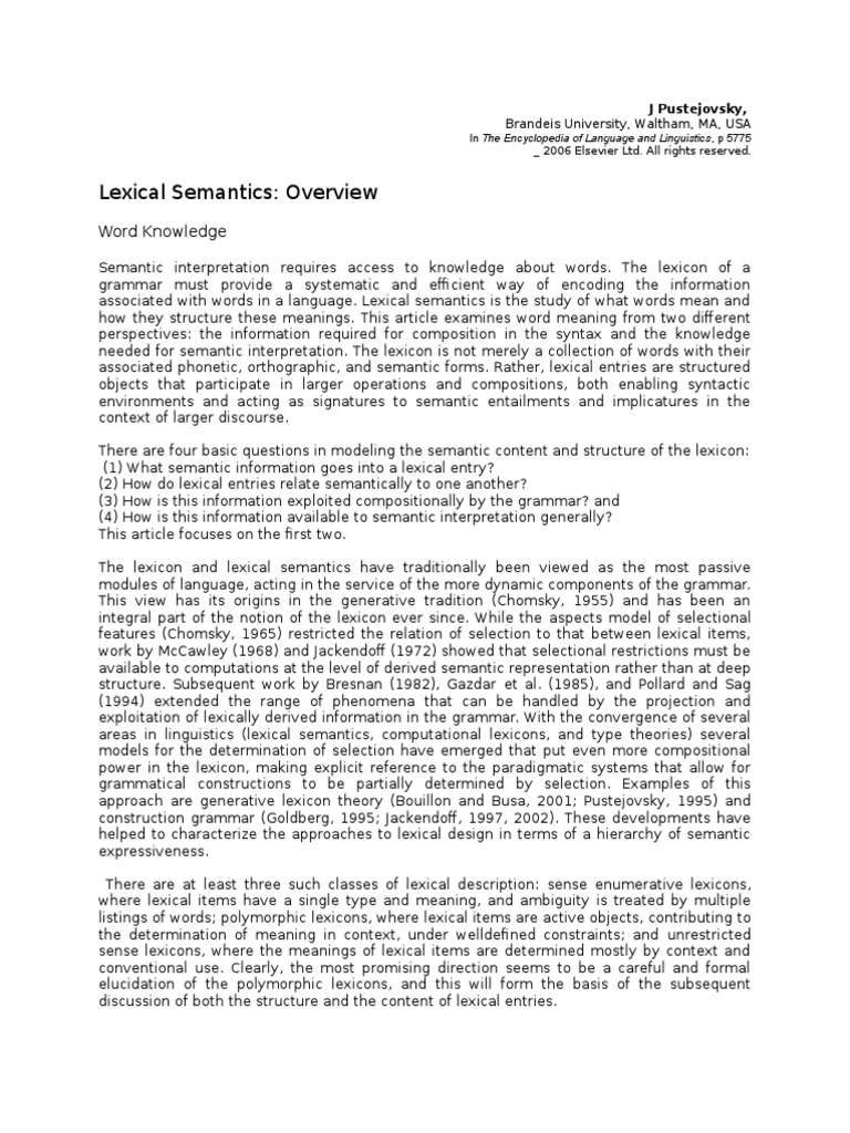 Lexical Semantics Overview by Pustejovsky | PDF | Lexical Semantics ...