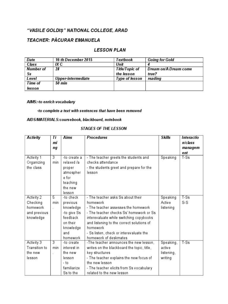 Dream On Unit 4 Lesson Plan | PDF | Lesson Plan | Education Theory