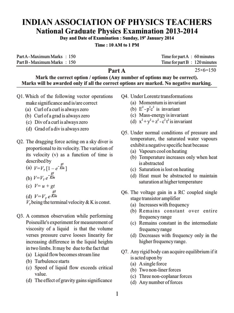 NGPE Physics 2014 Question Paper | PDF | Magnetic Field | Force