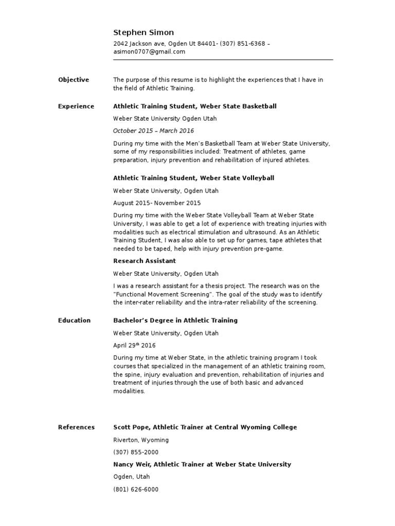 Athletic Training Resume of Stephen Simon | PDF