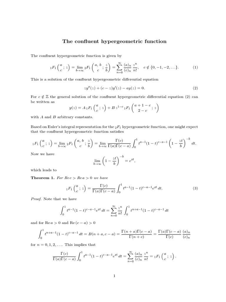 The Confluent Hypergeometric Function: 1 1 B !1 2 1 1 N N N | PDF | Integral | Theorem