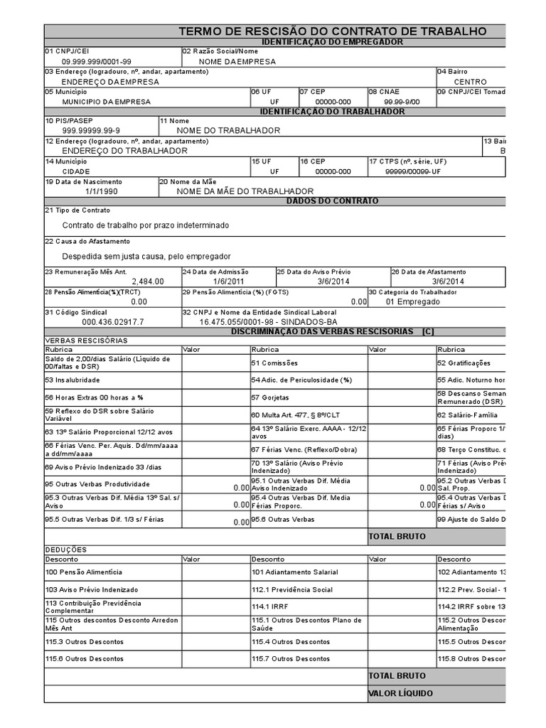 Modelo Rescisão Contrato Trabalho | PDF | Férias trabalhistas ...