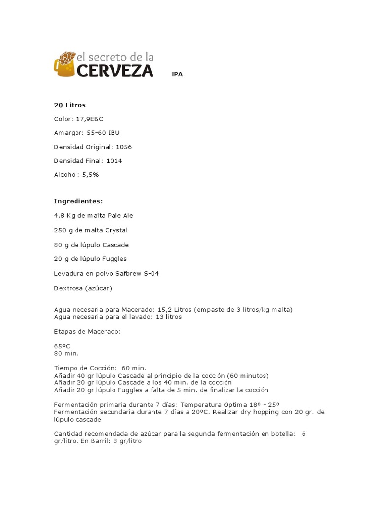 Receta de Cerveza IPA Pura Malta | PDF | Cerveza | Botella