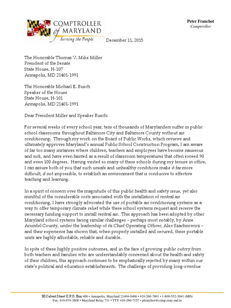 Comptroller Franchot letter | Maryland | Government