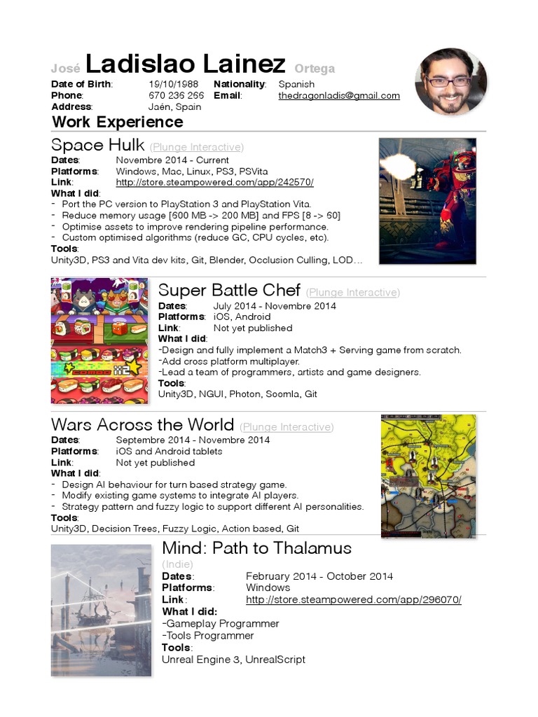 Ladislao Lainez CV | PDF | Unity (Game Engine) | Computing Platforms