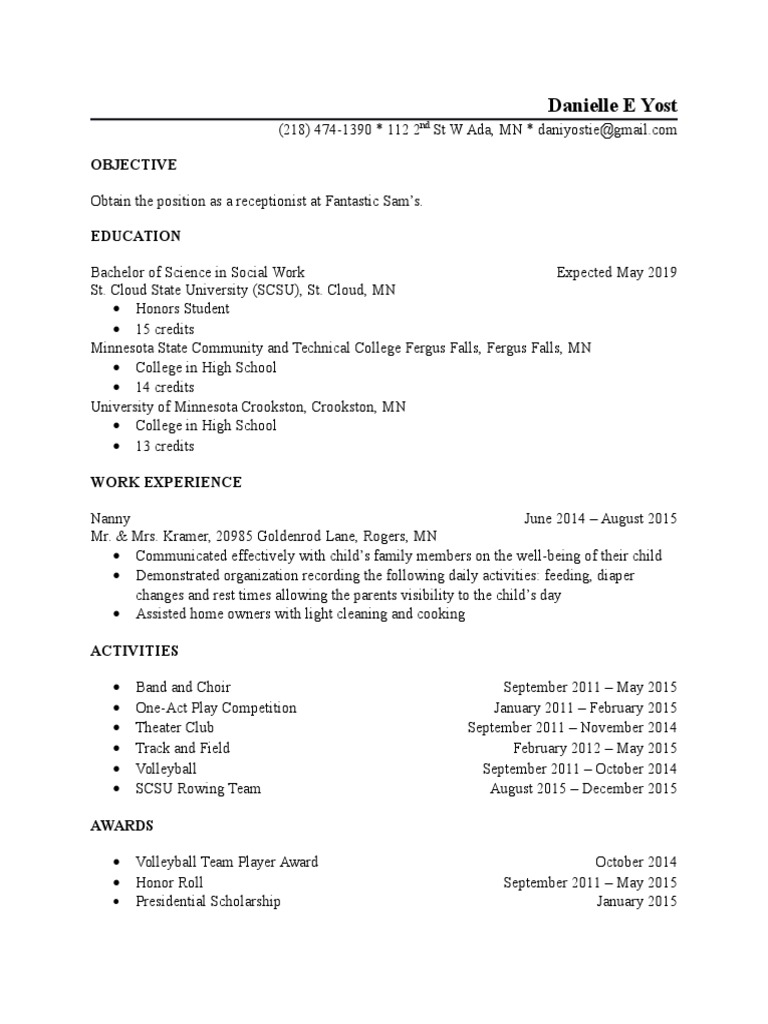 Receptionist Resume for Danielle Yost | PDF | Social Science | Wellness