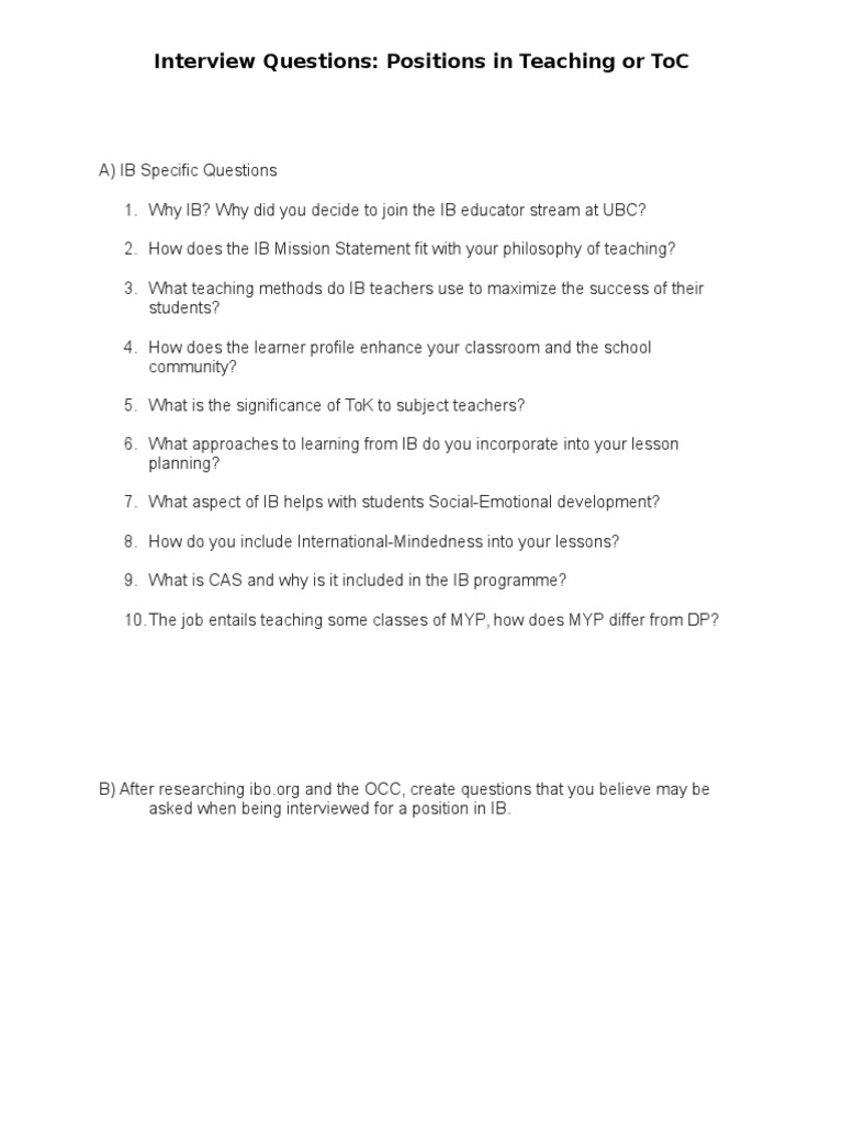Ib Interview Questions | PDF | Teaching Method | Classroom