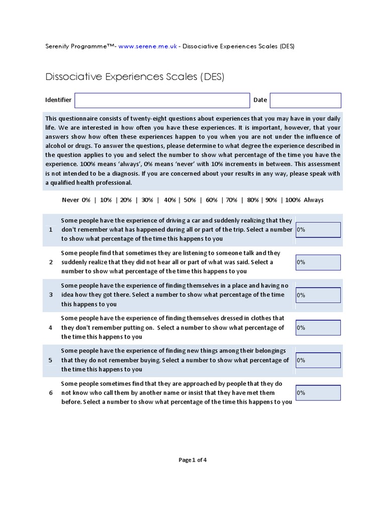 Serenity Programme™ - Dissociative Experiences Scales (DES) | Download ...