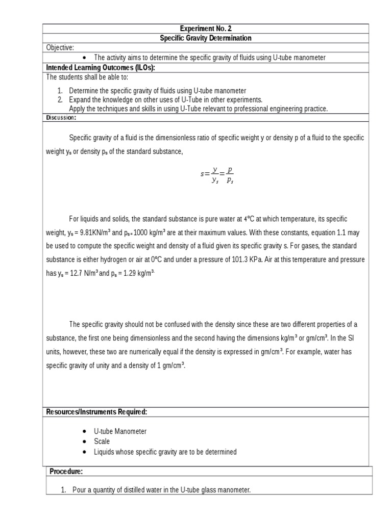 Specific Gravity of Fluids Experiment | PDF | Density | Pressure ...