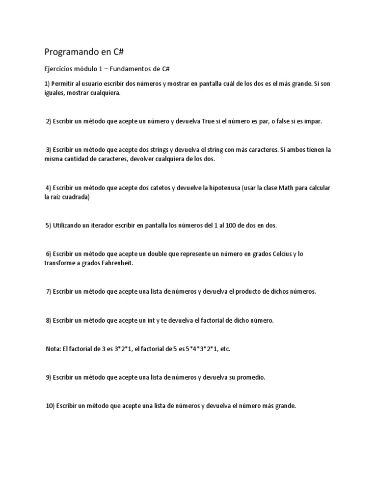 Ejercicios Módulo 1 - Fundamentos de C# - Programando en C# | Descargar ...