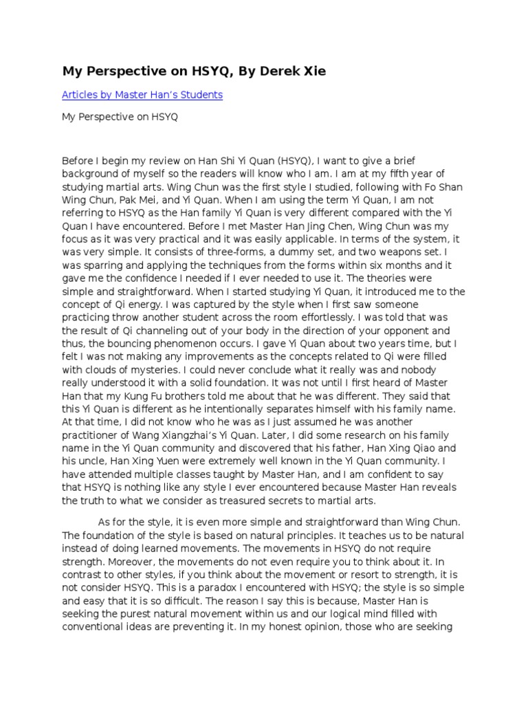 My Perspective On HSYQ, by Derek Xie | PDF | Chinese Martial Arts | China