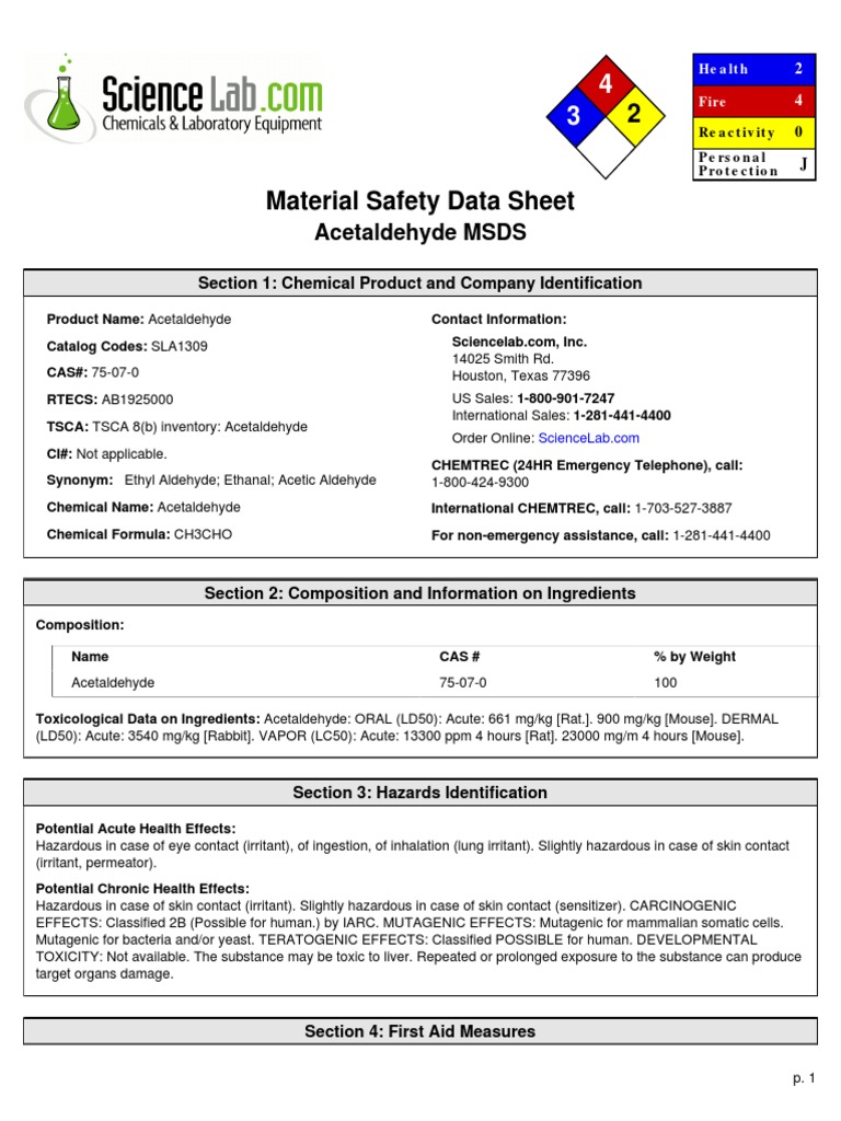 MSDS Acetaldehyde | Dangerous Goods | Toxicity