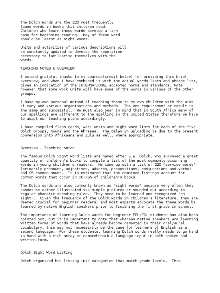 Dolch (High Frequency) Word Lists & Overview | PDF | Word | English ...