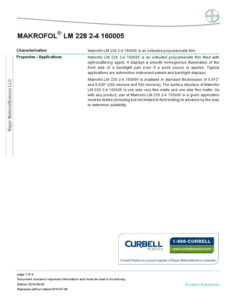Polycarbonate Film Makrofol LM228 160005 Curbell | PDF