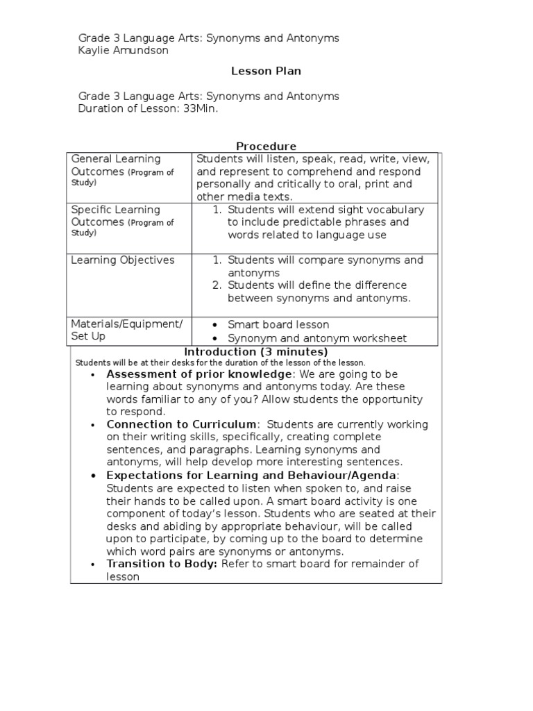Grade 3 Lesson Plan: Synonyms & Antonyms | PDF | Lesson Plan | Worksheet