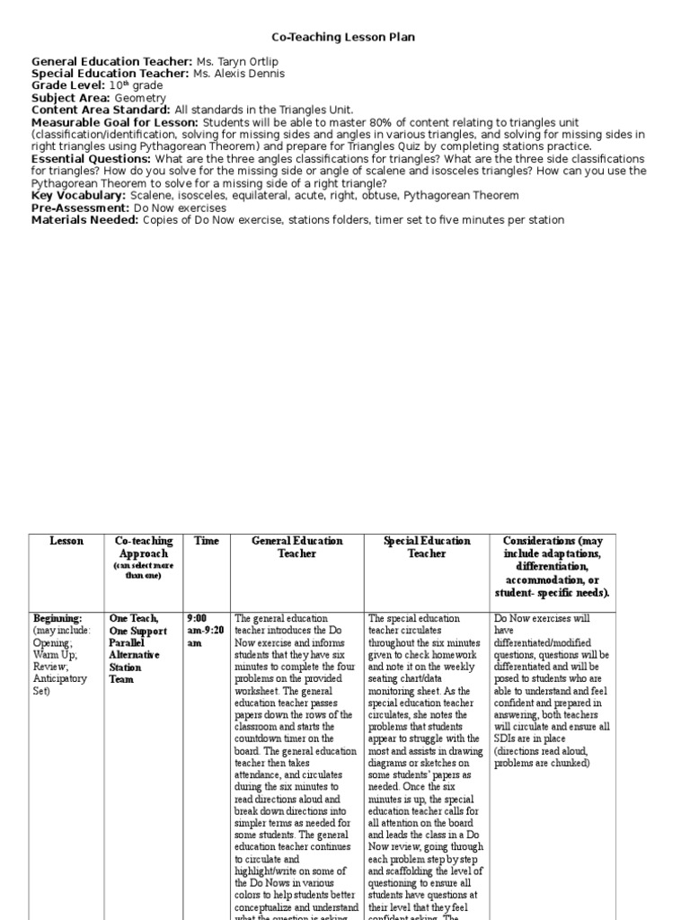 Co-Teaching Lesson Plan | PDF | Triangle | Special Education