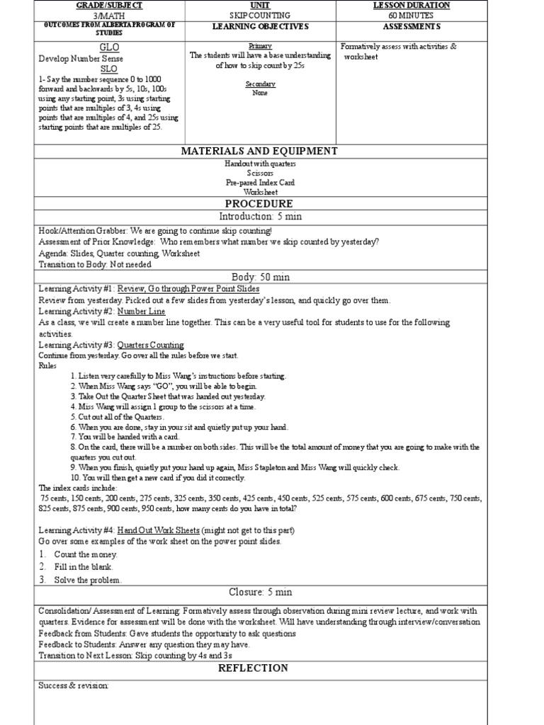 Lesson Plan Skip Counting Continue Educational Psychology Pedagogy