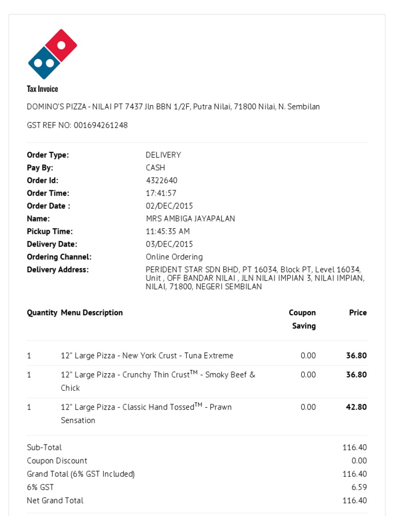 Domino's Pizza Malaysia - Receipt | PDF