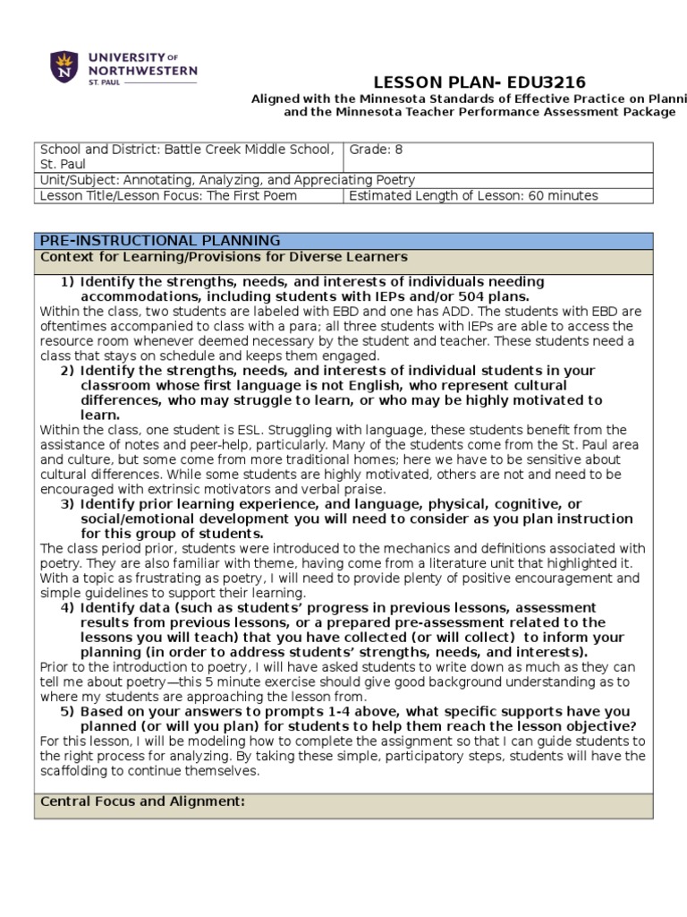 8th Grade Poetry Analysis Lesson Plan | PDF | Educational Assessment ...