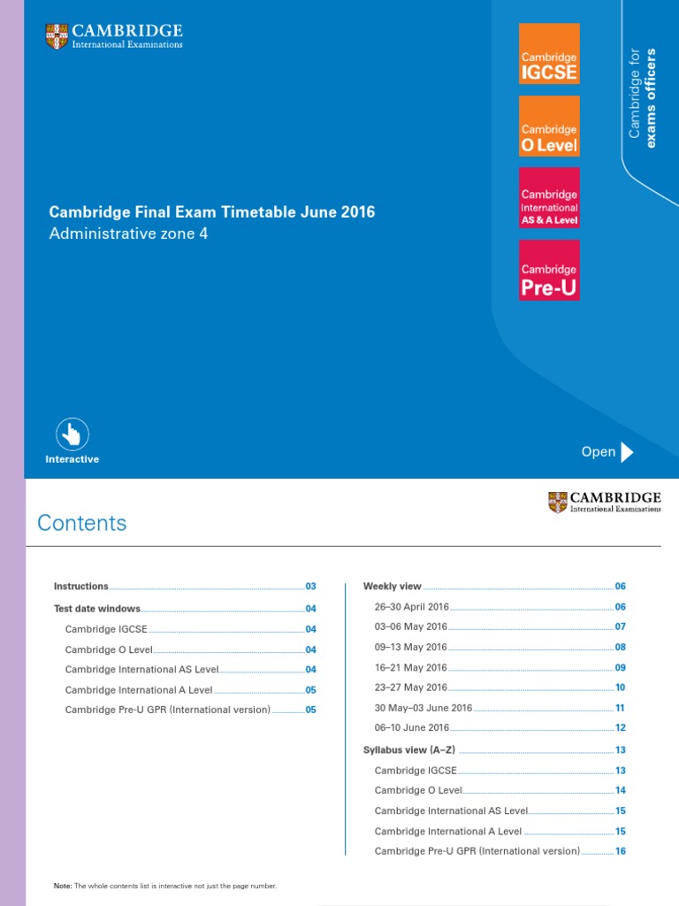 Cambridge June 2016 Timetable Zone 4 | PDF | Test (Assessment) | Cognition